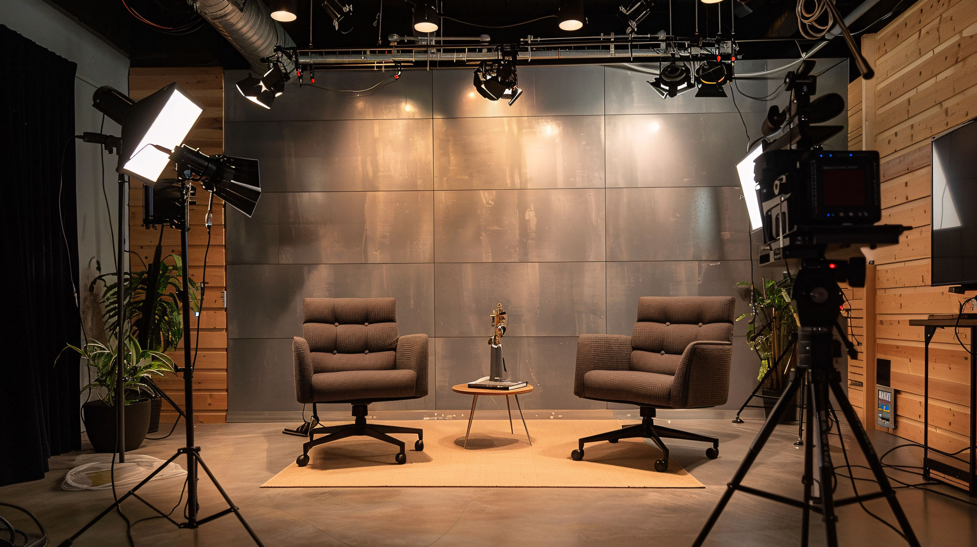 The interior of a studio is set up for podcasting and interviews ...